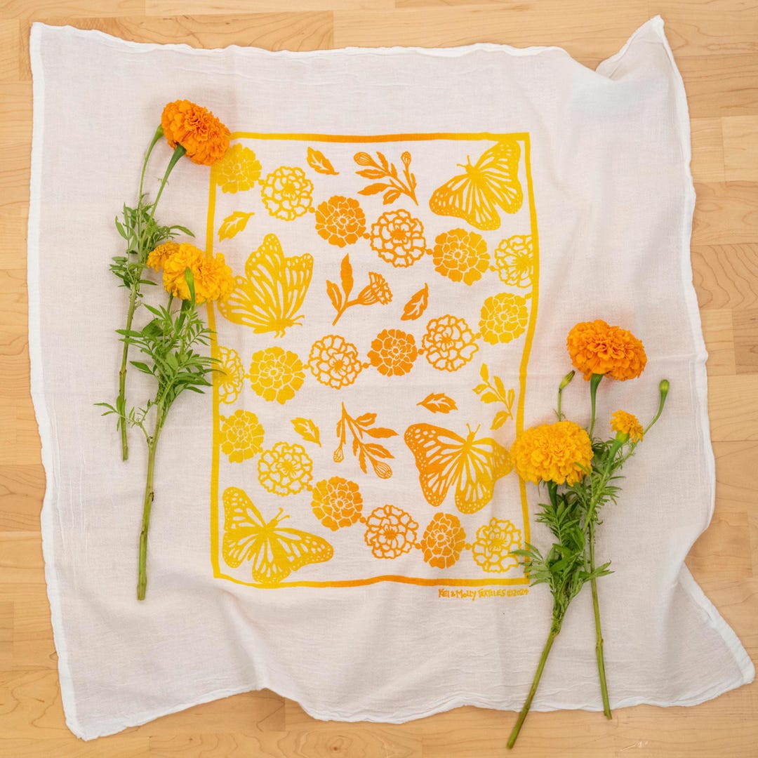 Hand Printed Monarch & Marigold Flour Sack Towel - New Mexico Made - Etsy