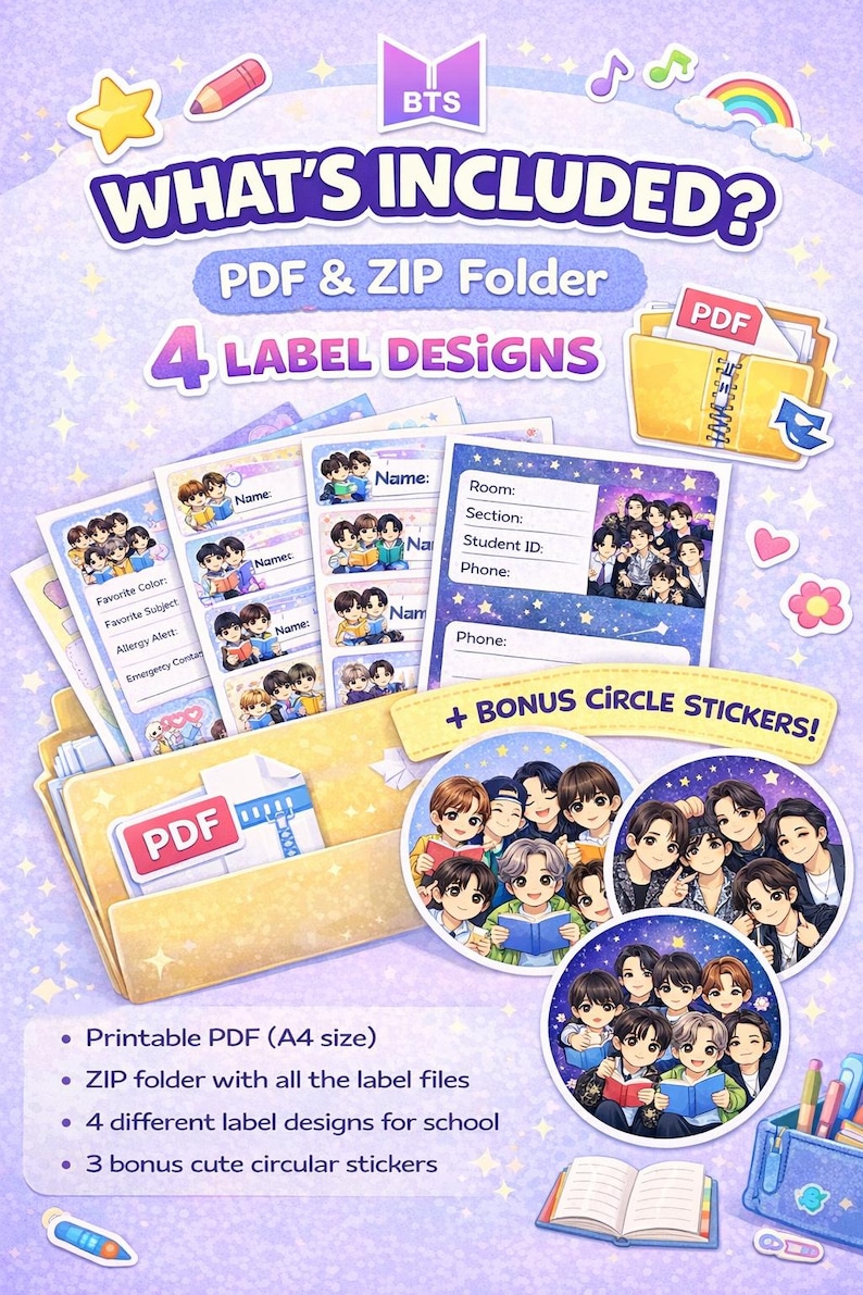 BTS School Labels Printable | Kids Sticker Labels for Notebooks ...