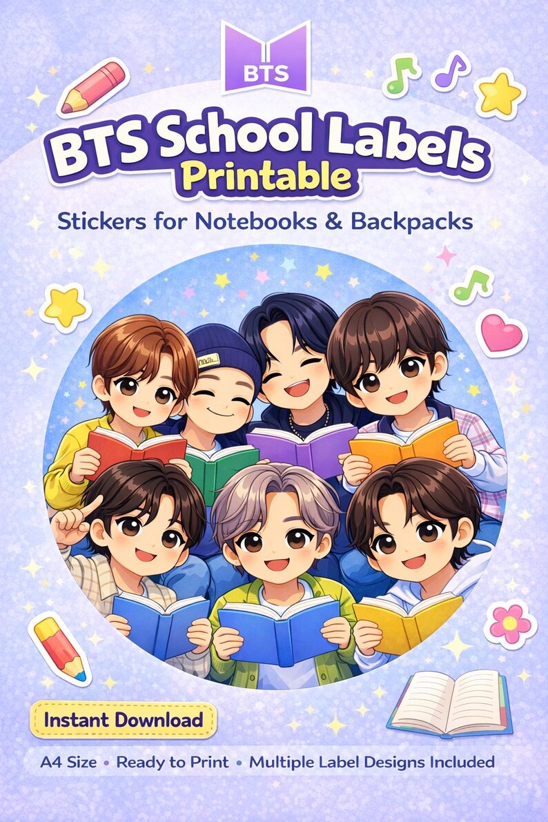 BTS School Labels Printable | Kids Sticker Labels for Notebooks ...