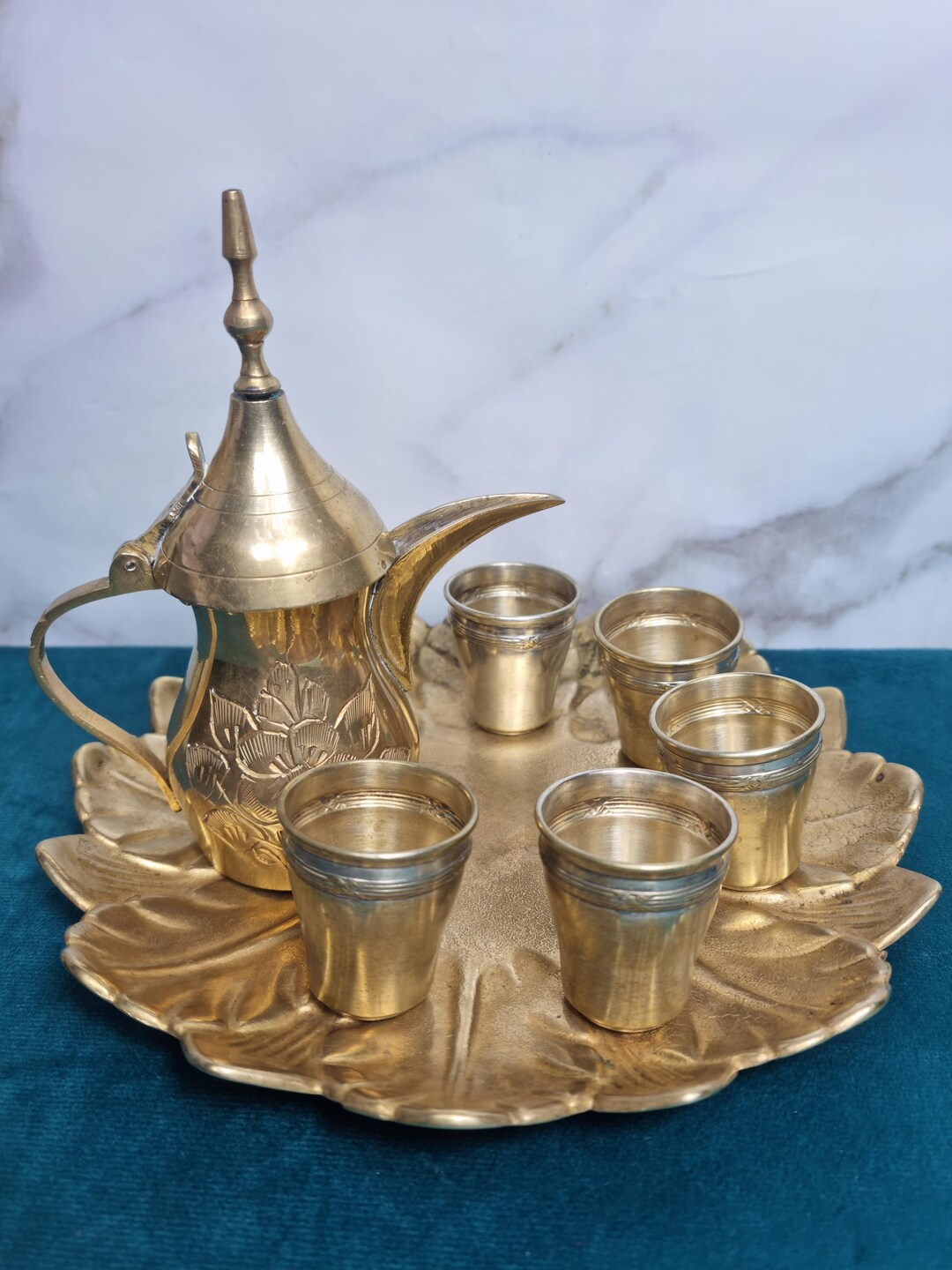 Vintage Islamic Moroccan Brass Tea Set – Teapot, Tray & 6 Tea Glasses ...