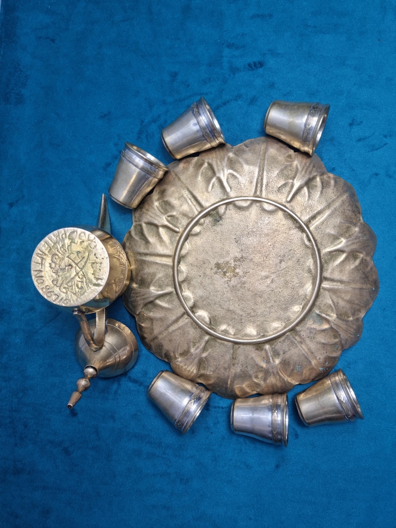 Vintage Islamic Moroccan Brass Tea Set – Teapot, Tray & 6 Tea Glasses ...