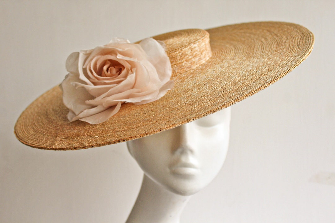 MONTPELLIER ROSE Couture Straw Fascinator Hat With Wide Brim & Silk ...