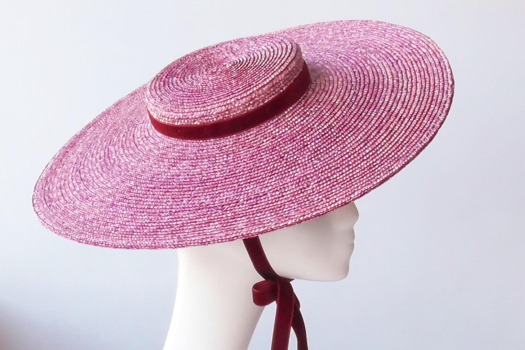 ROSALIA Rose Pink Straw Boater Hat With Velvet Ribbon, High Tea Boater ...