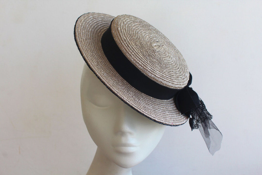 SCOTTIE Grey Straw Boater Hat With Fancy Ribbon Bow, Contemporary ...