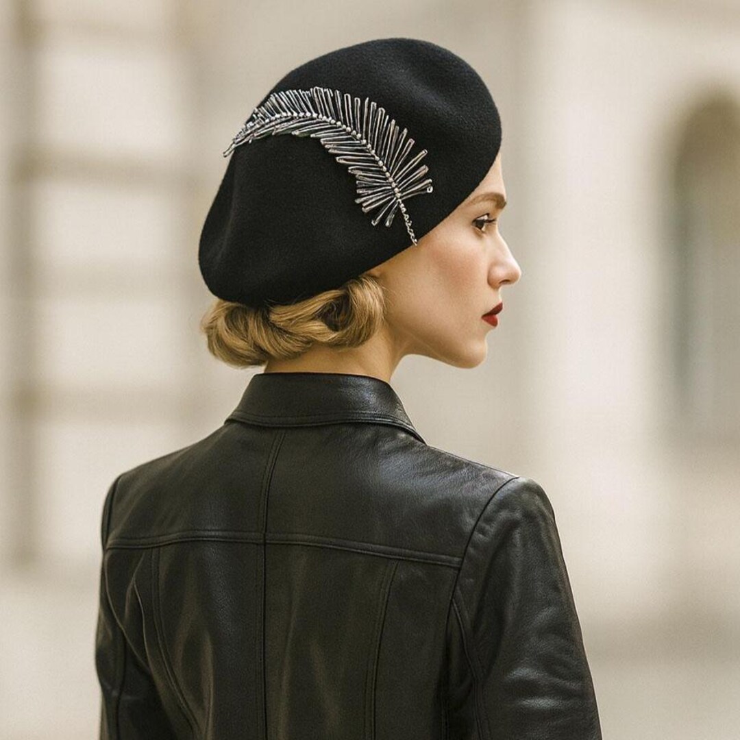 STARDUST Black Beret Hat With Silver Safety Pin Embellishment, Unisex ...
