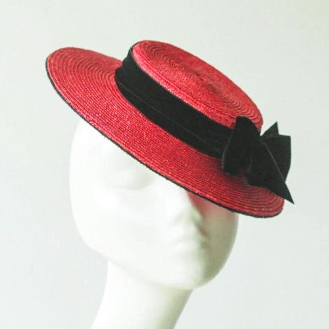 IGNATIA Red Straw Boater Hat With Velvet Bow for Wedding Guest ...