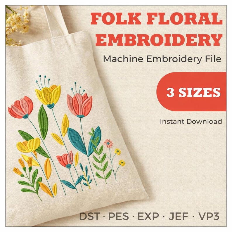 Flower Embroidery Design Folk Floral Pattern Tote Bag Embroidery Spring ...