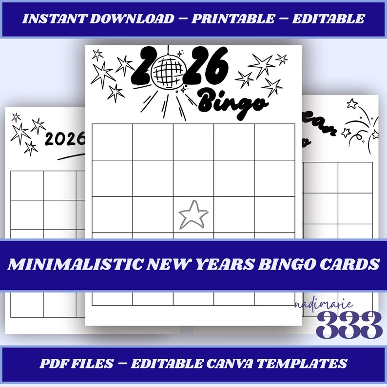 2026 Bingo Cards Printable, Minimalist New Year Bingo Game, Black ...