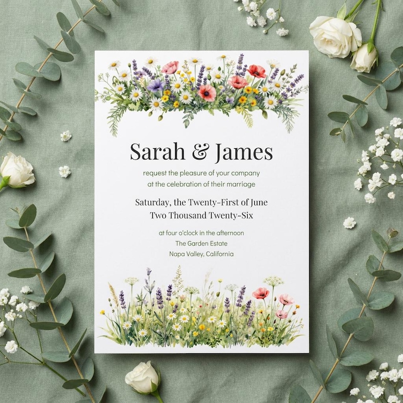 Summer Wildflower Wedding Invitation Template, Printable Invitation ...