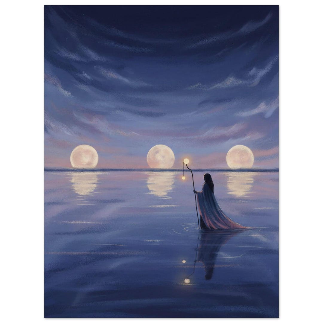 Three Moons Night Art Print – Mystic Water Landscape, Celestial Fantasy ...