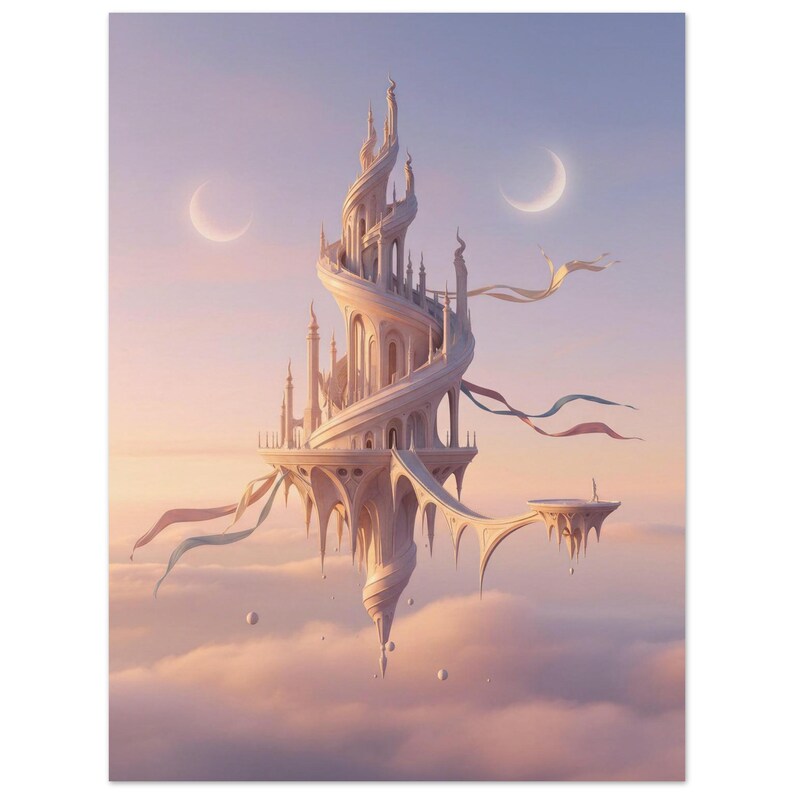 Floating Moon Palace Art Print – Celestial Fantasy Architecture, Pastel ...