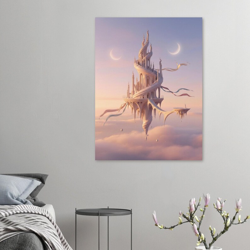 Floating Moon Palace Art Print – Celestial Fantasy Architecture, Pastel ...