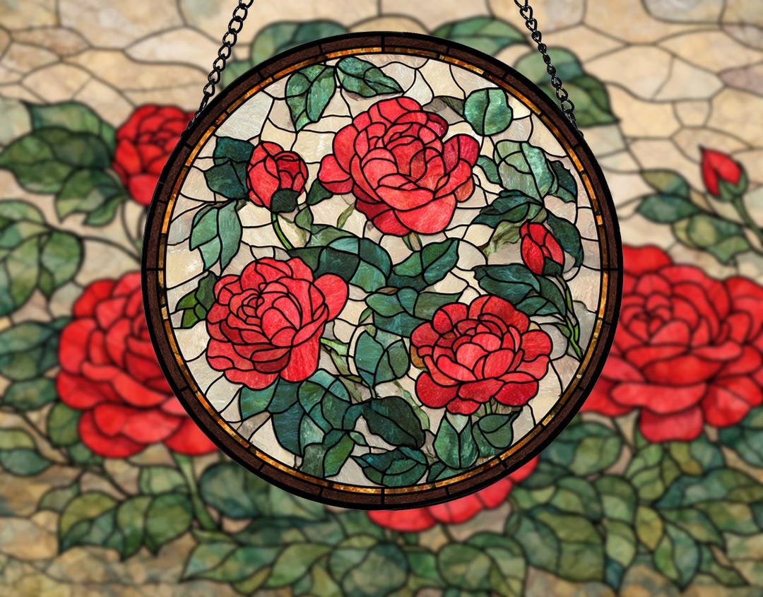 Stained Glass Rose Sun Catcher – Valentine Round Floral Window Hanging ...