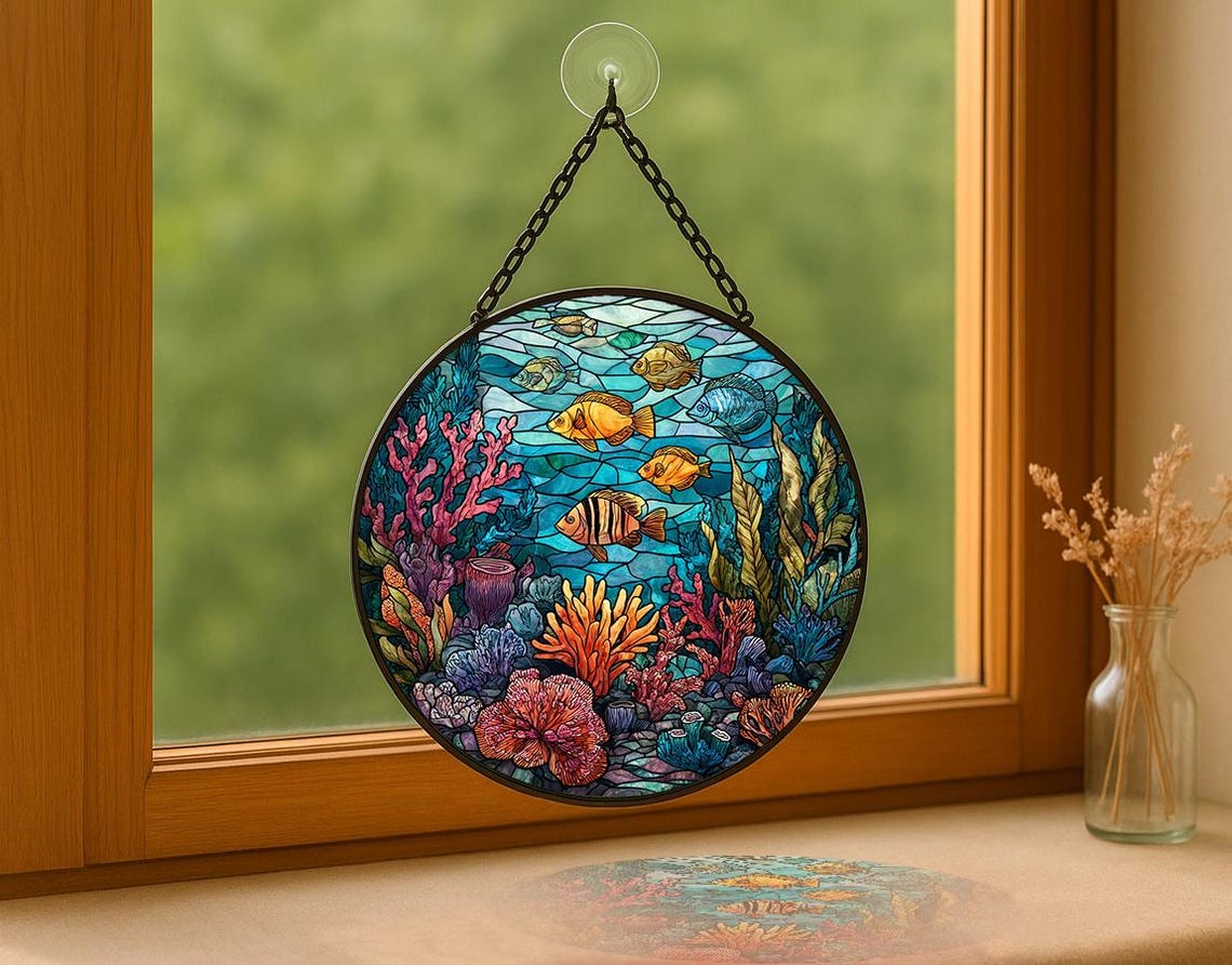 Ocean Reef Fish Stained Glass Window Hanging, Coral Underwater Sun ...