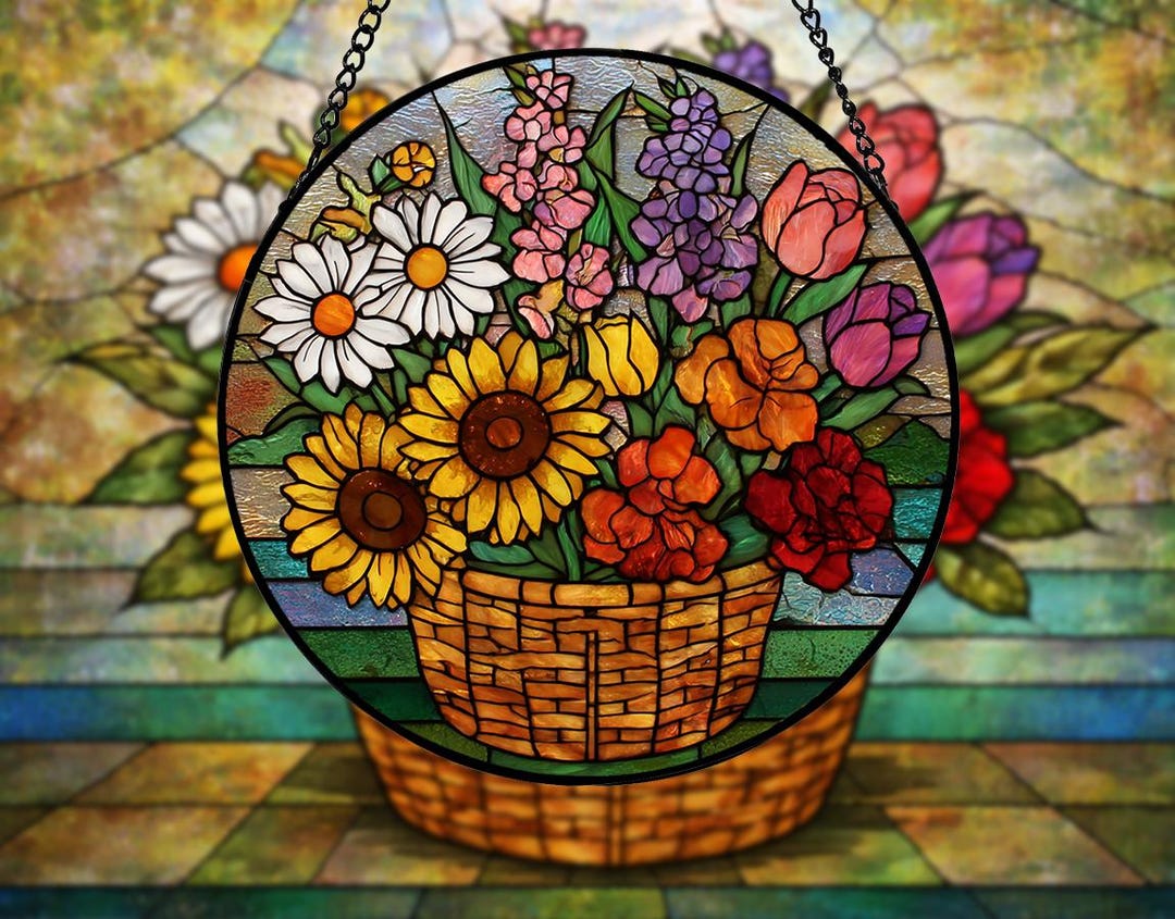 Stained Glass Window Hanging Flower Basket Suncatcher, Handmade Floral ...