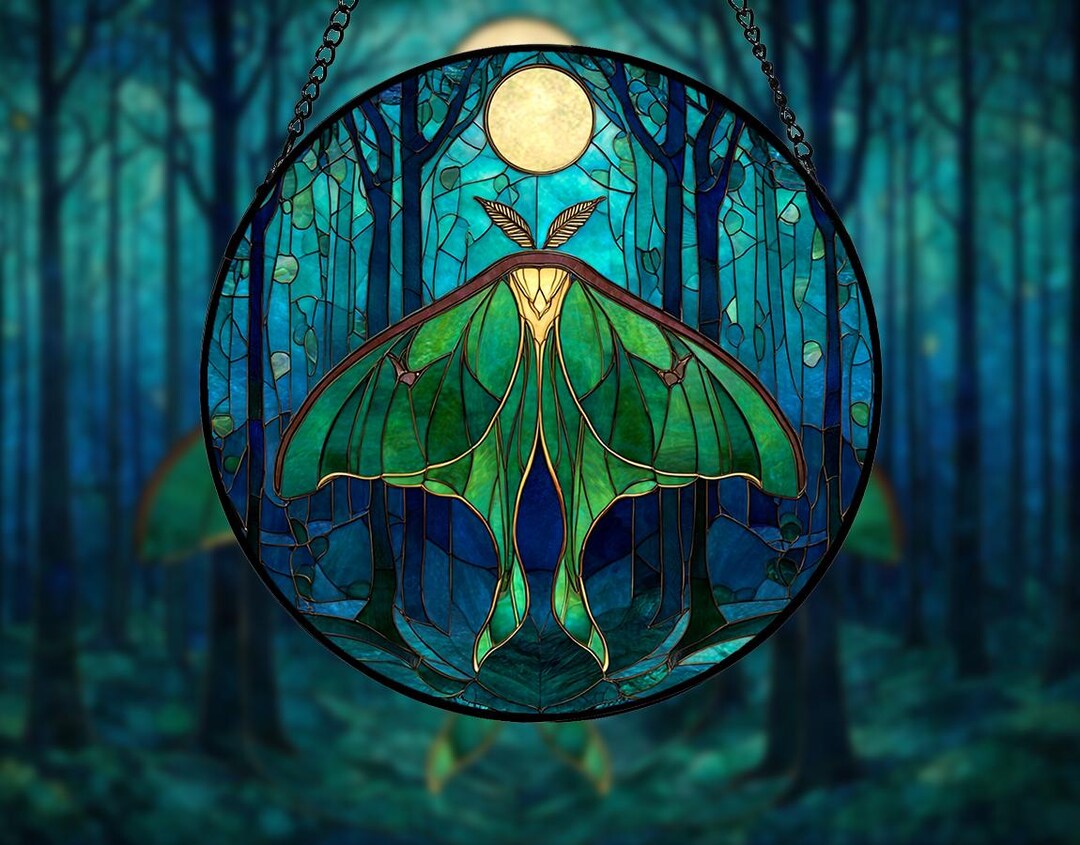 Stained Glass Window Hanging Luna Moth Suncatcher, Handmade Green Moth ...