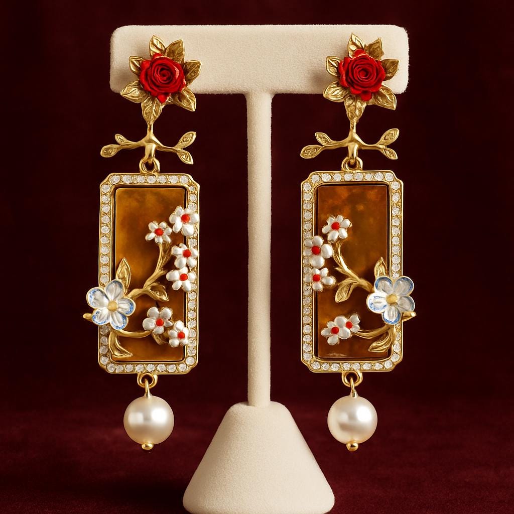 Floral Drop Earrings: Gold-plated Brass, Enamel, Faux Pearl - Etsy