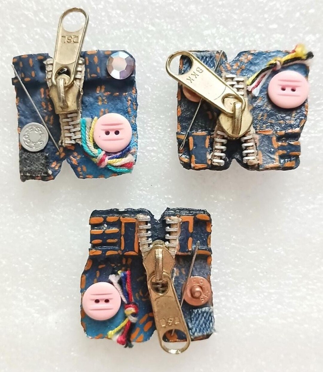 Vintage Denim Button Zipper Pins Set 3 Handmade Upcycled 1980s Textile ...