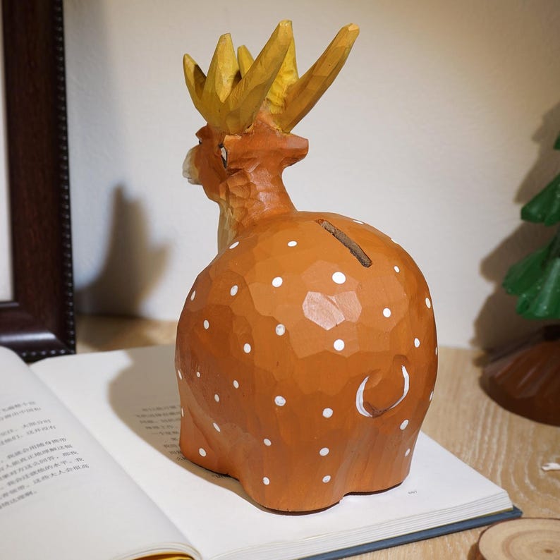 Hand-carved Wooden Deer Coin Bank, Cute Antler Woodland Animal Money ...