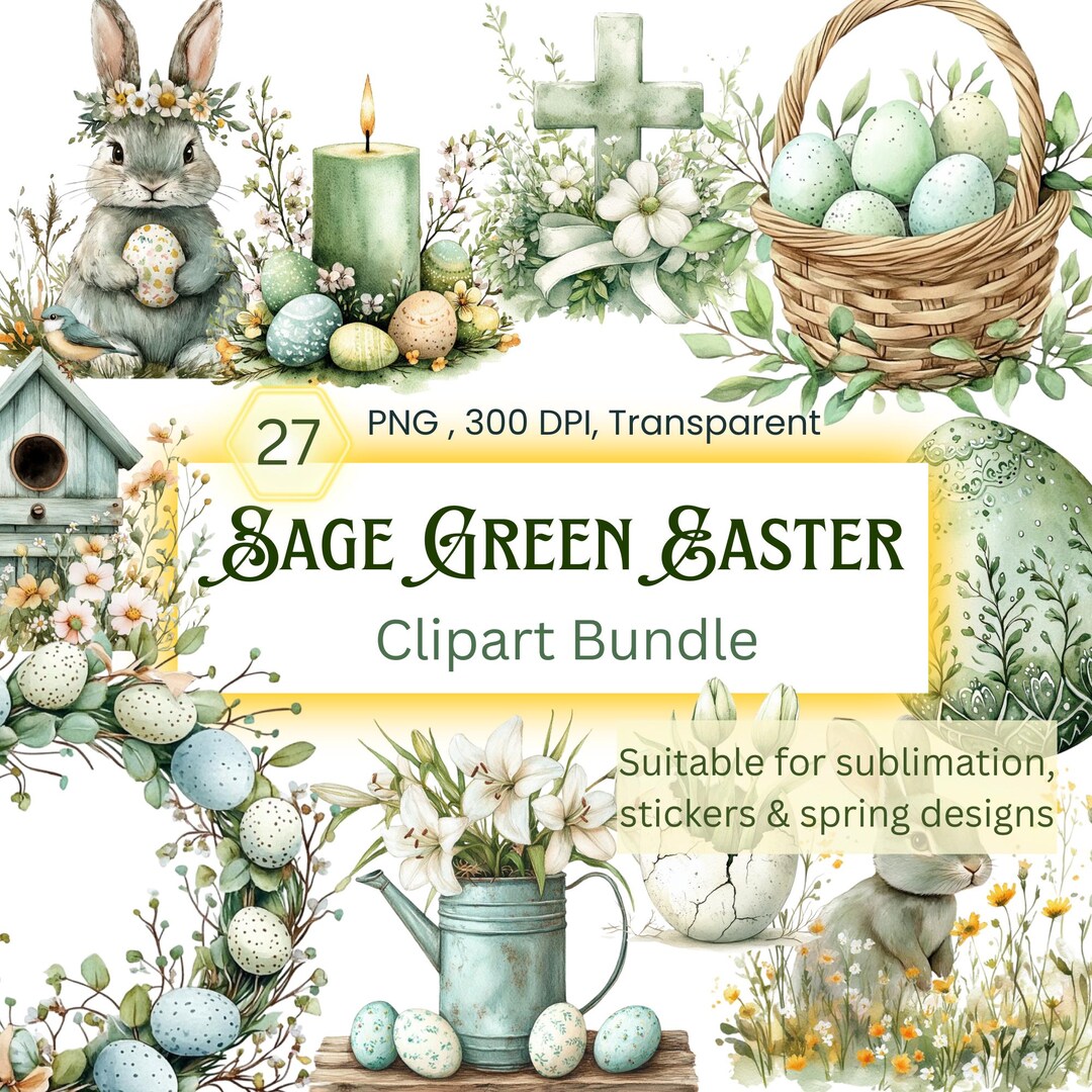 Sage Green Easter Clipart Bundle | Watercolor PNG | Crafting - Etsy