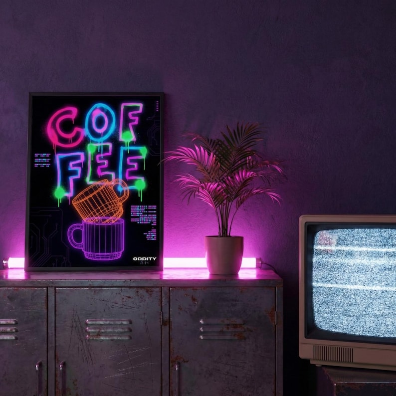 Neon Coffee Terminal Poster | Cyberpunk Gamer Room Decor, Vaporwave ...