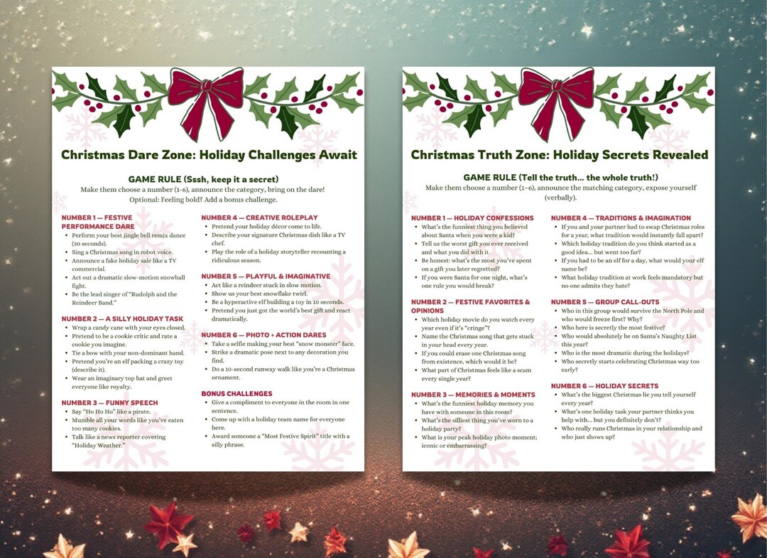 Printable Christmas Truth or Dare Game: Holiday Party Activity (digital ...
