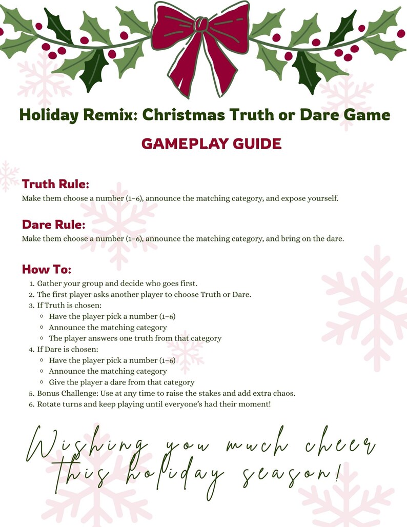 Printable Christmas Truth or Dare Game: Holiday Party Activity (digital ...