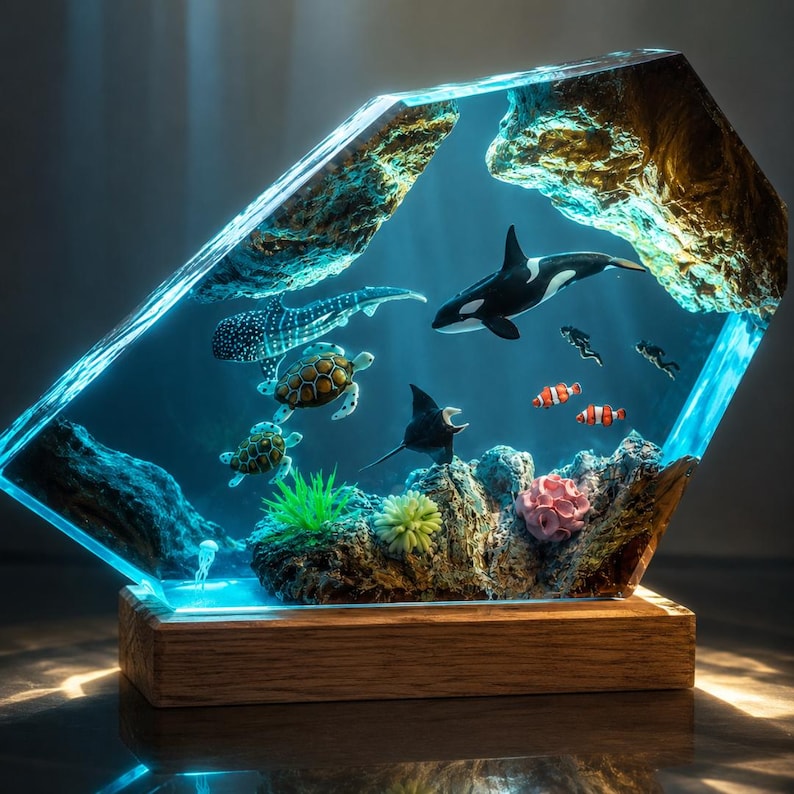 Ocean Resin Diorama Lamp, Orca Epoxy Night Light, Handmade Sea Life ...