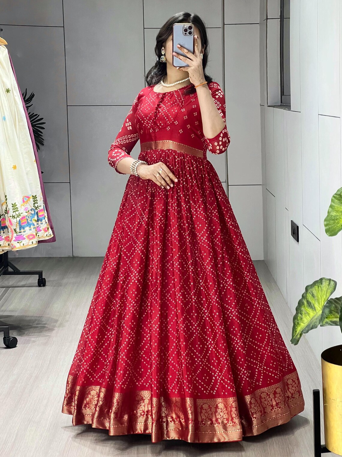 Ruby Red Bandhani Anarkali Gown Chinon Silk, Zari Border - Etsy