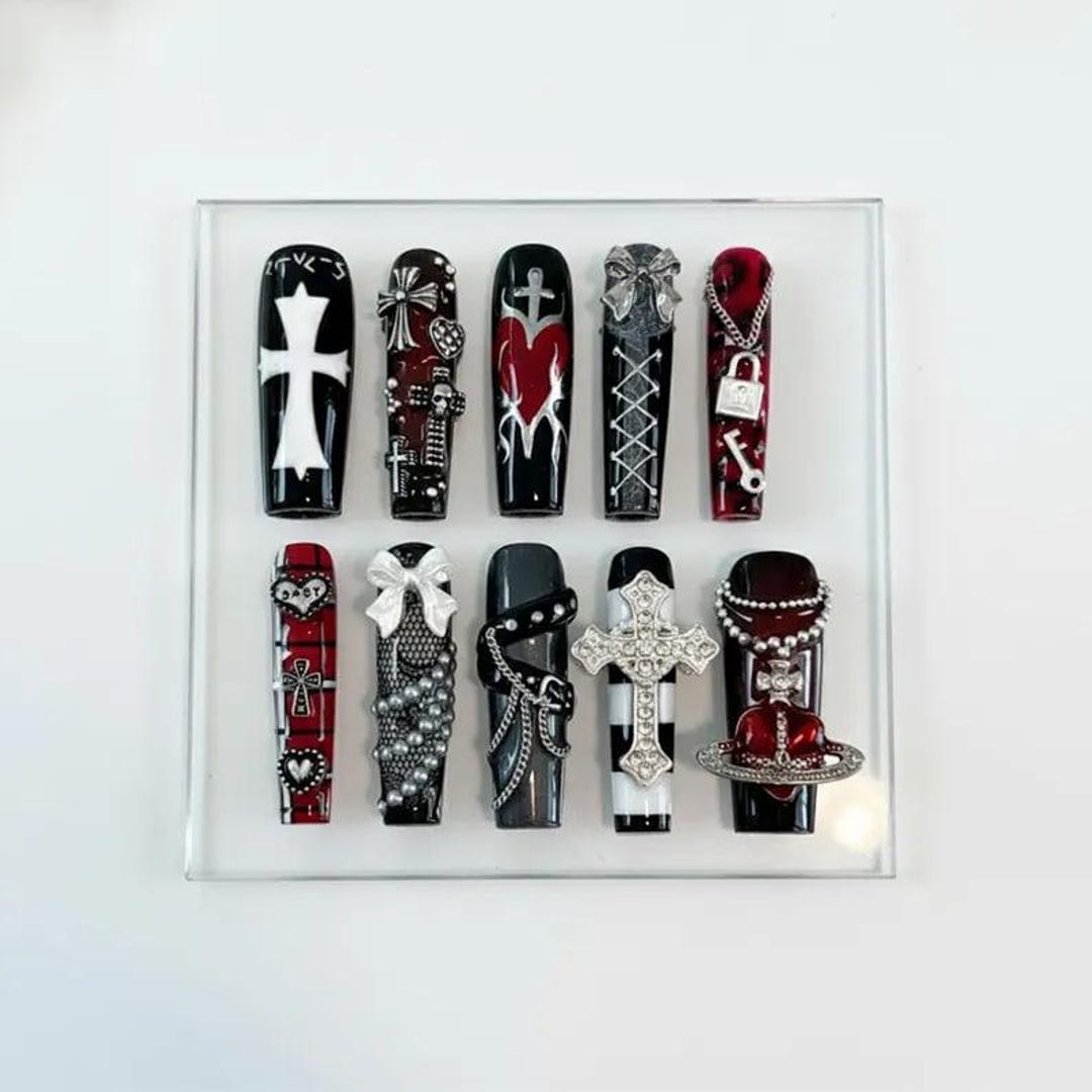 Handmade Gothic Cross Press on Nails – Black Red 3D Chain Charm Design ...