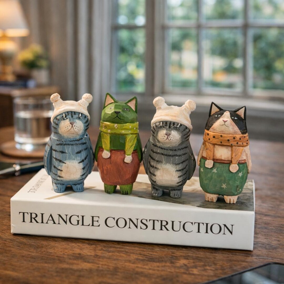 Handmade Wooden Cat Figurine Set | Hand Carved Cat Statues | Cute ...