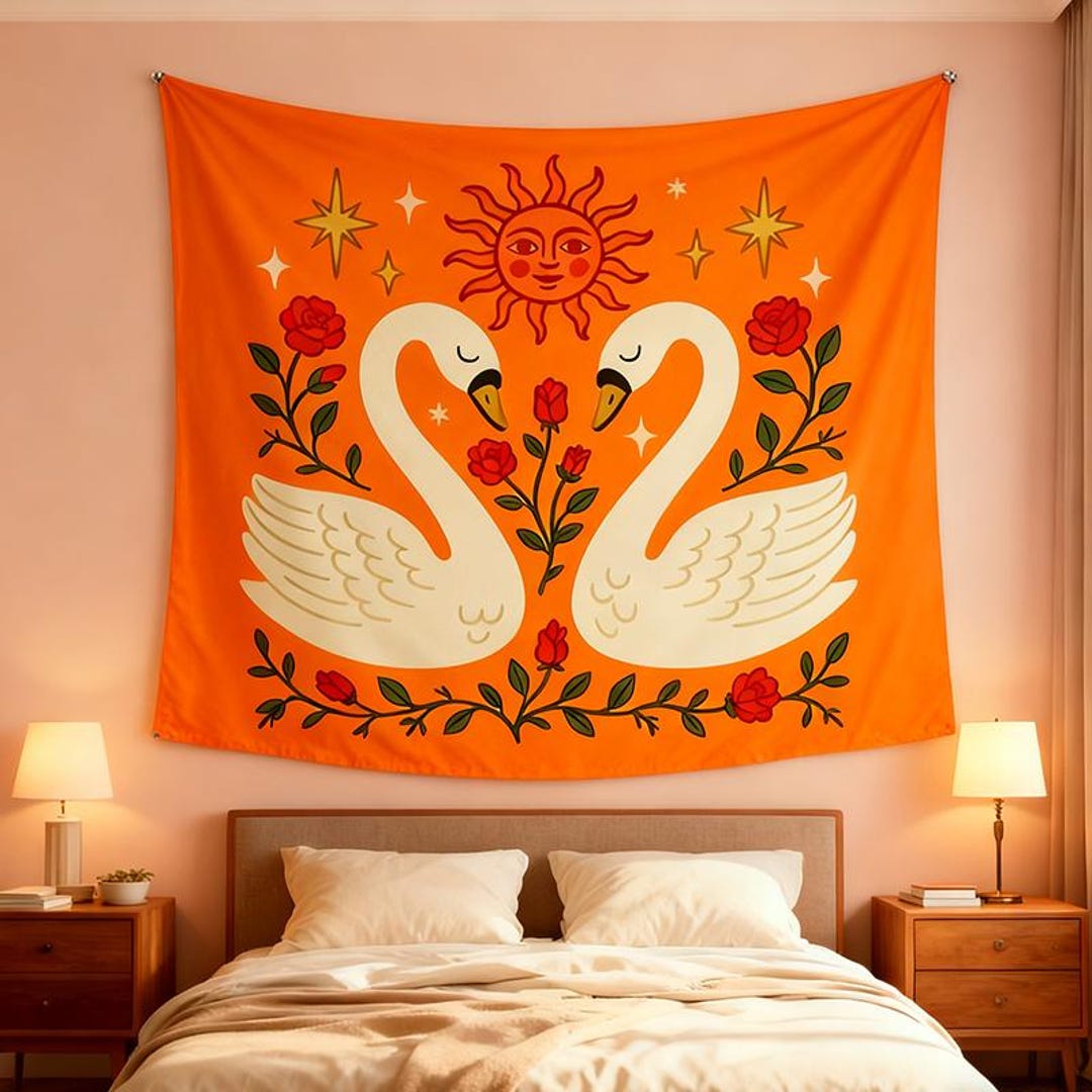 Boho Swan & Sun Tapestry,orange Aesthetic Floral,wall Hanging for ...