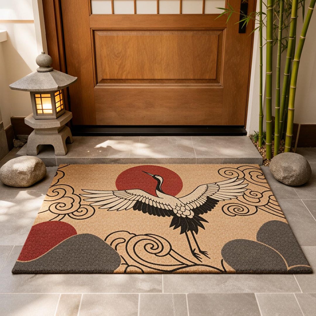 Japanese Crane Doormat,zen Red Sun Welcome Mat,oriental Art Entryway ...
