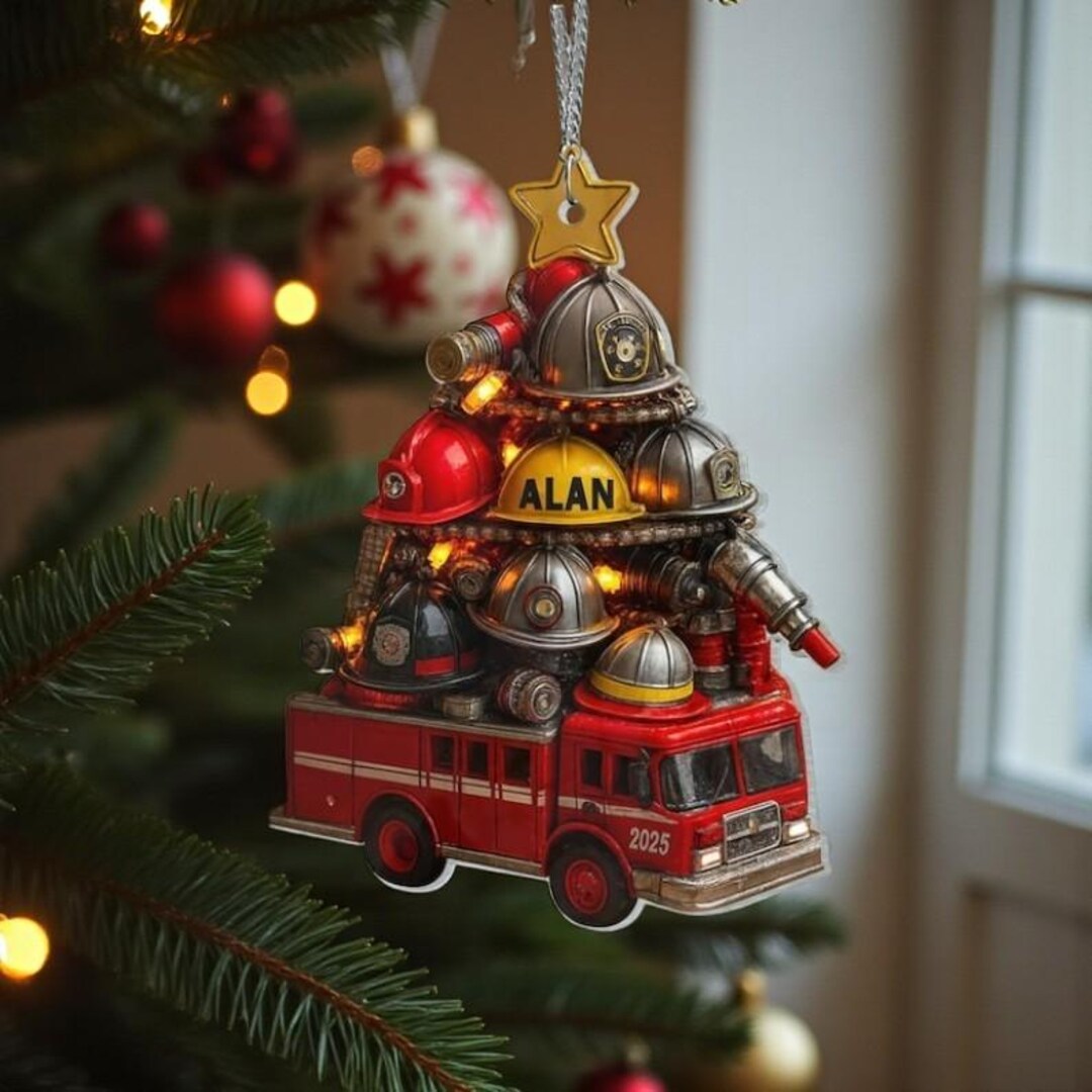 Personalized Fire Truck Helmet Christmas Tree Ornament Firefighter Gift ...