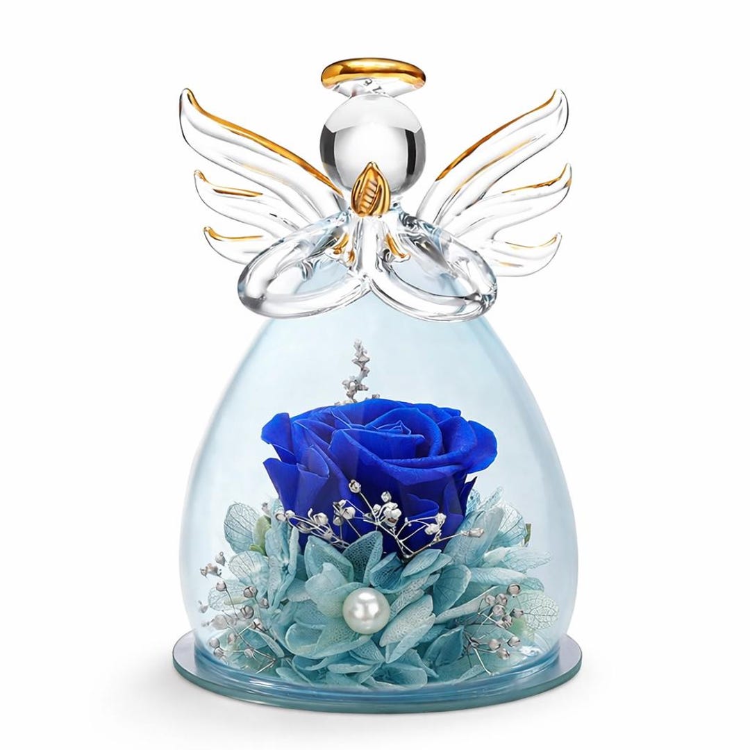 Royal Blue Preserved Rose Angel Wings Glass Dome, Eternal Rose Gift for ...