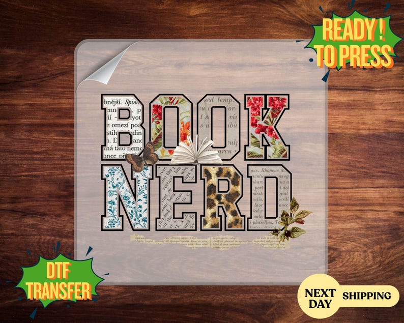 Retro Book Nerd DTF Transfer, Book Lover Ready to Press Design ...