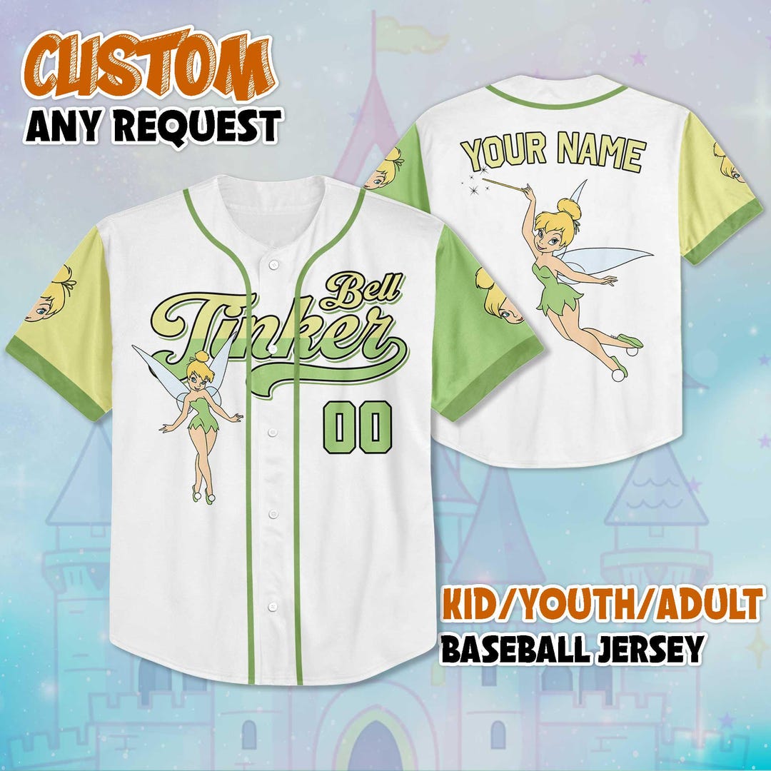 Custom Tinker Bell Baseball Jersey, Personalize Disney Peter Pan Shirt ...