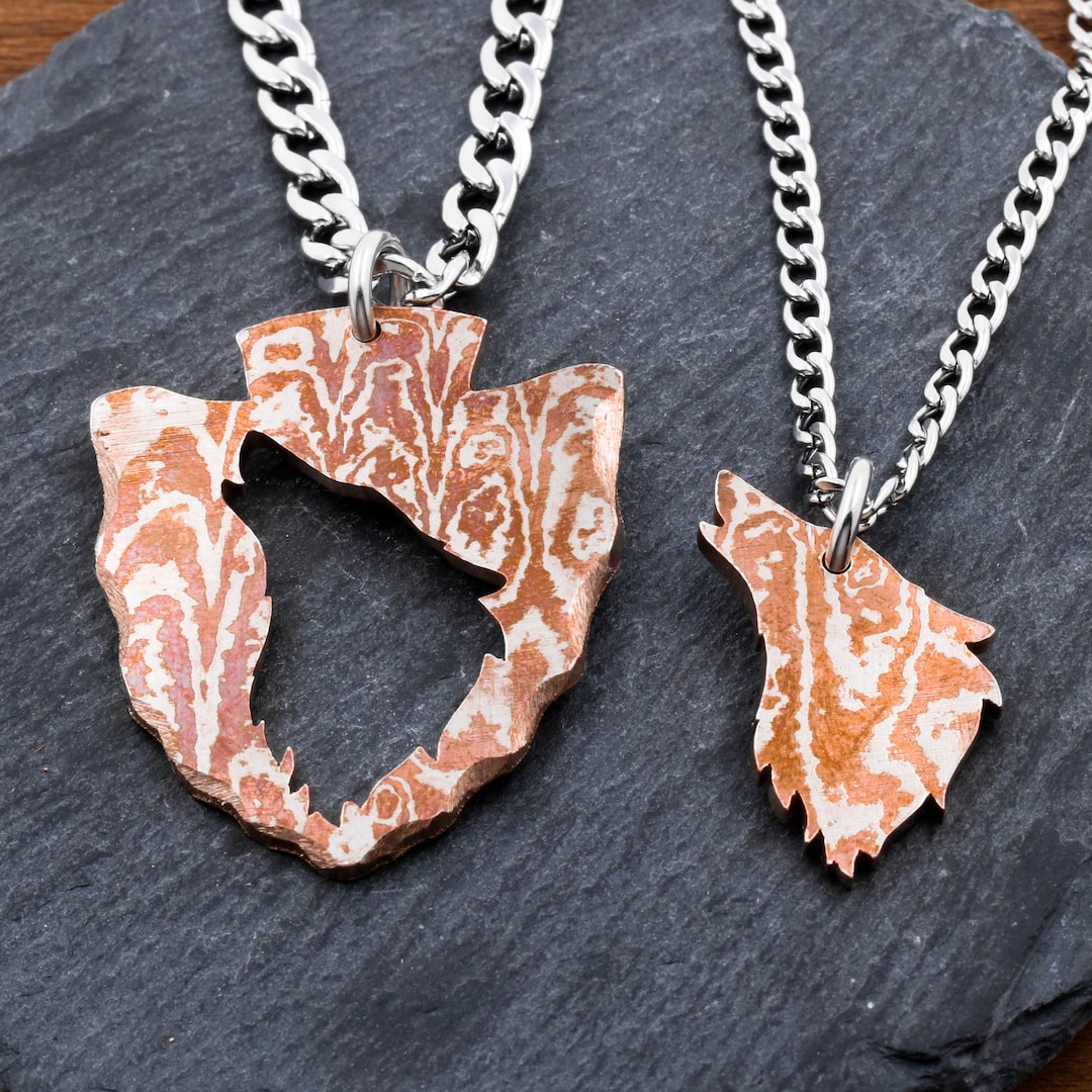 Mokume-gane Howling Wolf Arrowhead Necklaces, Inside and Outside Wolves ...
