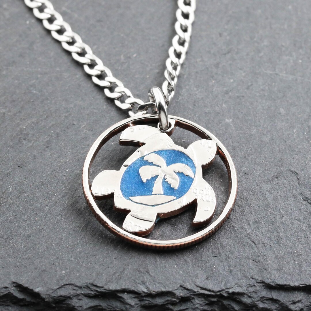 Blue Palm Tree Turtle Necklace, Turquoise Hawaiian Jewelry, Enameled ...
