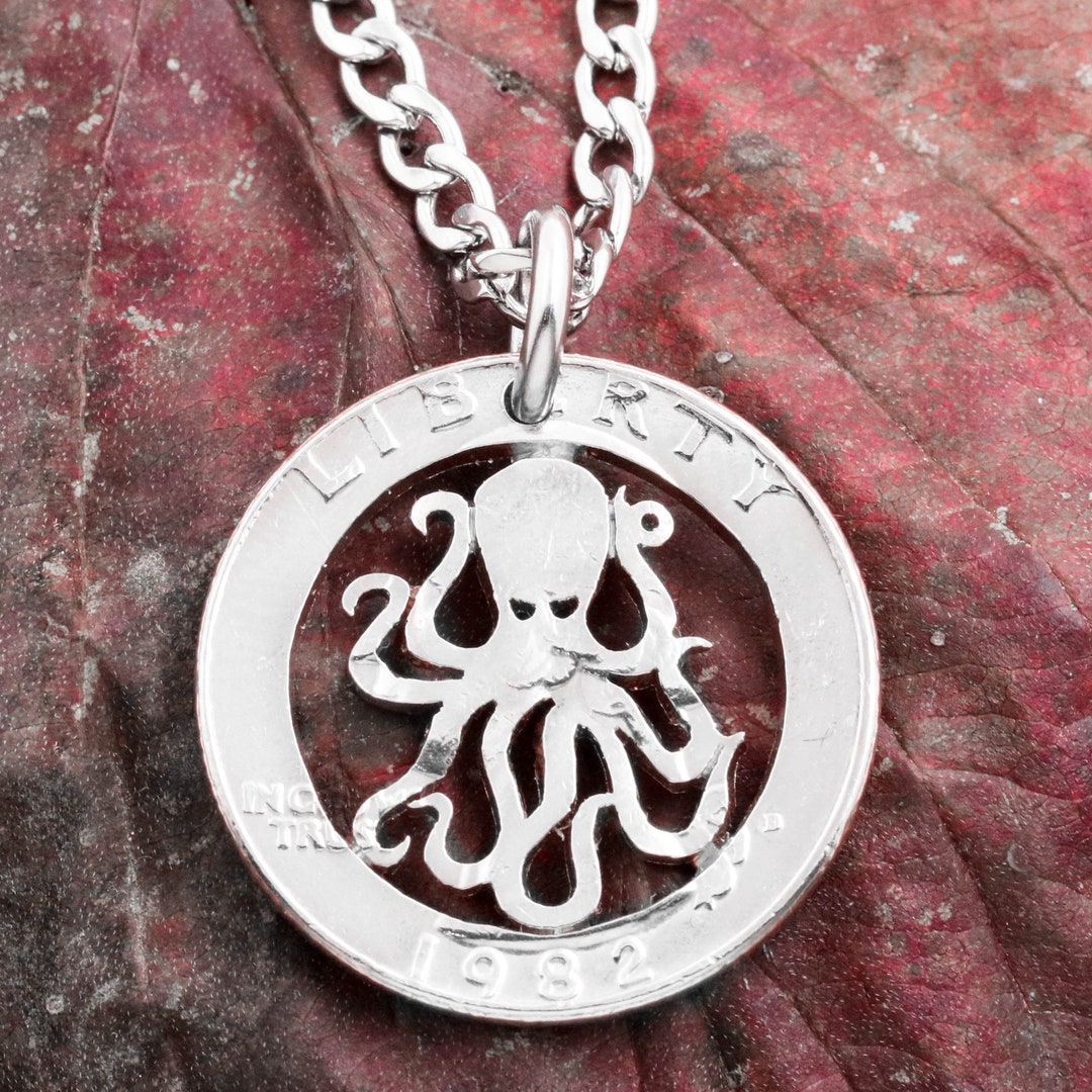 Octopus Necklace, Thick Rimmed Coin, Kraken Jewelry, Nautical Hand Cut ...