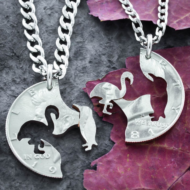 Hand Cut Coin Best Friend Necklace, Penguin and Flamingo Jewelry - Etsy