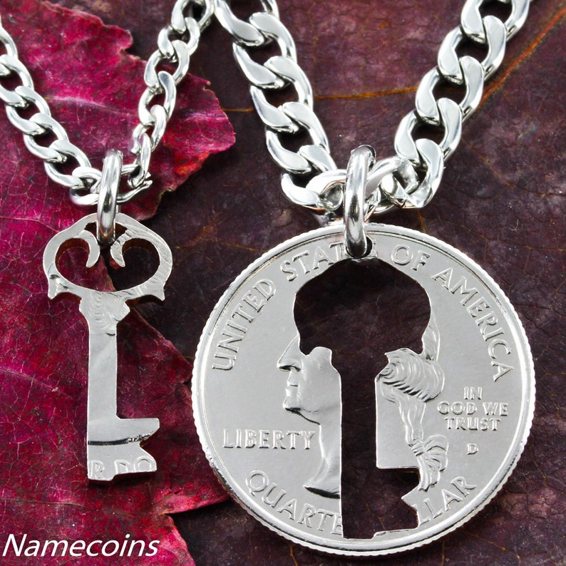 Key Necklace Couples Jewelry Quarter Relationship Hand Cut - Etsy