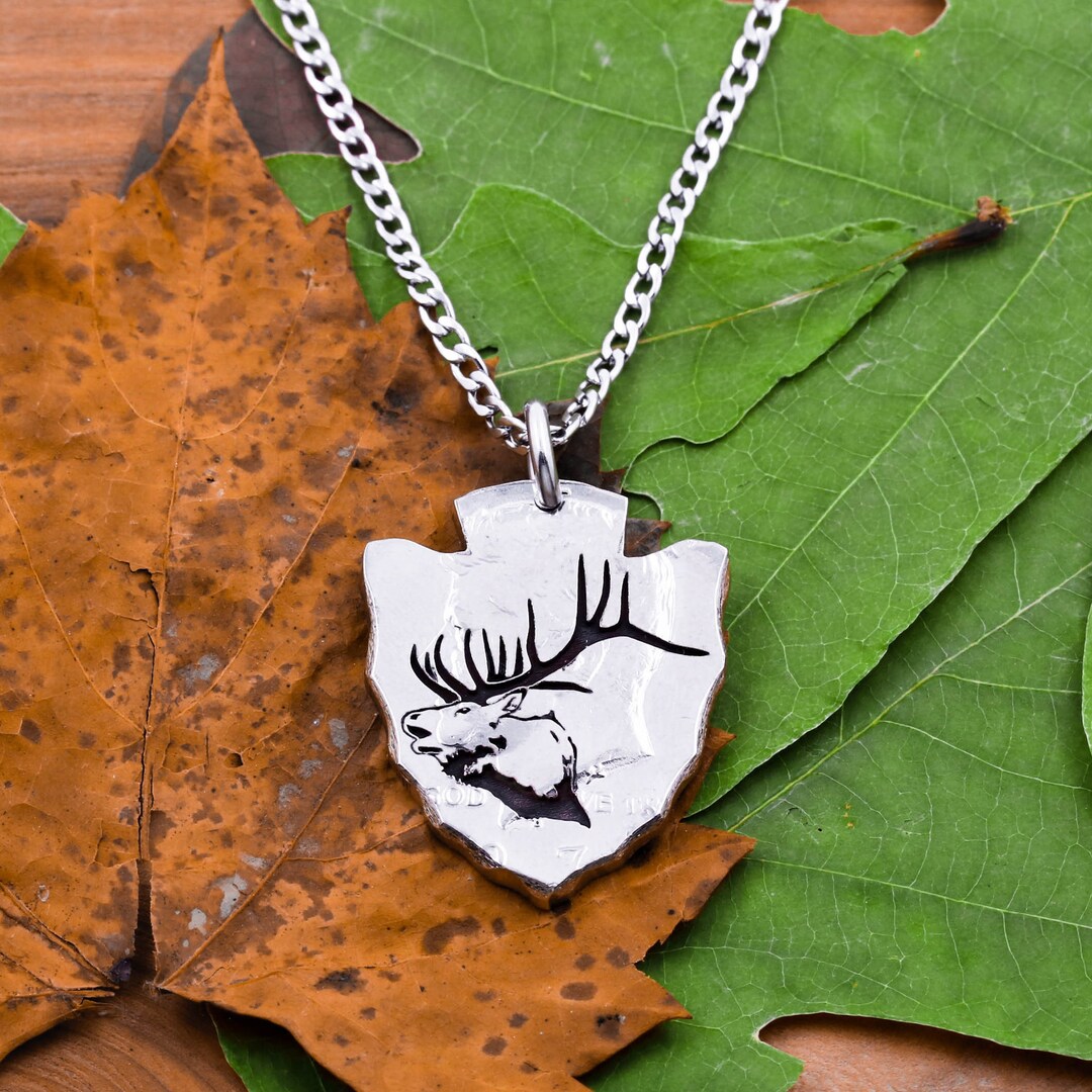 Engraved Elk Head Inside Arrowhead Necklace, Antlers, Hunting Jewelry ...