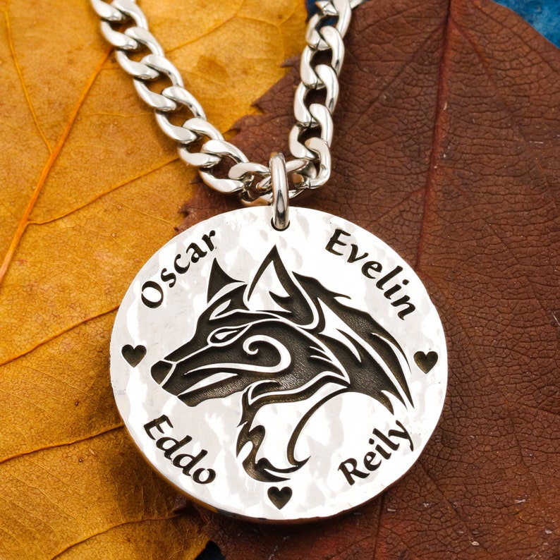 Silver Wolf Necklace With Engraved Custom Names 4 Best - Etsy