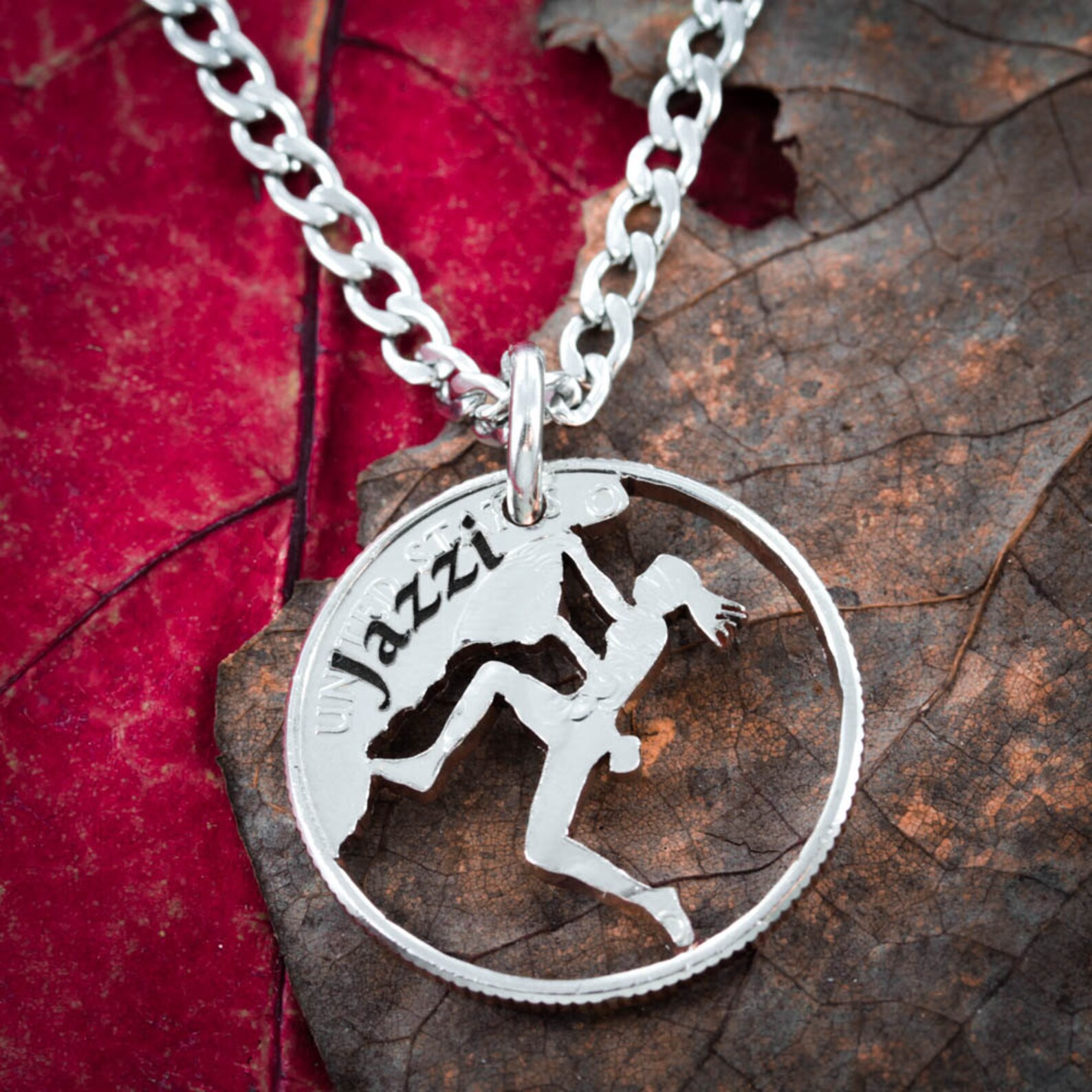 Woman Rock Climbing Necklace With Custom Name Engraved, Hand Cut Coin ...
