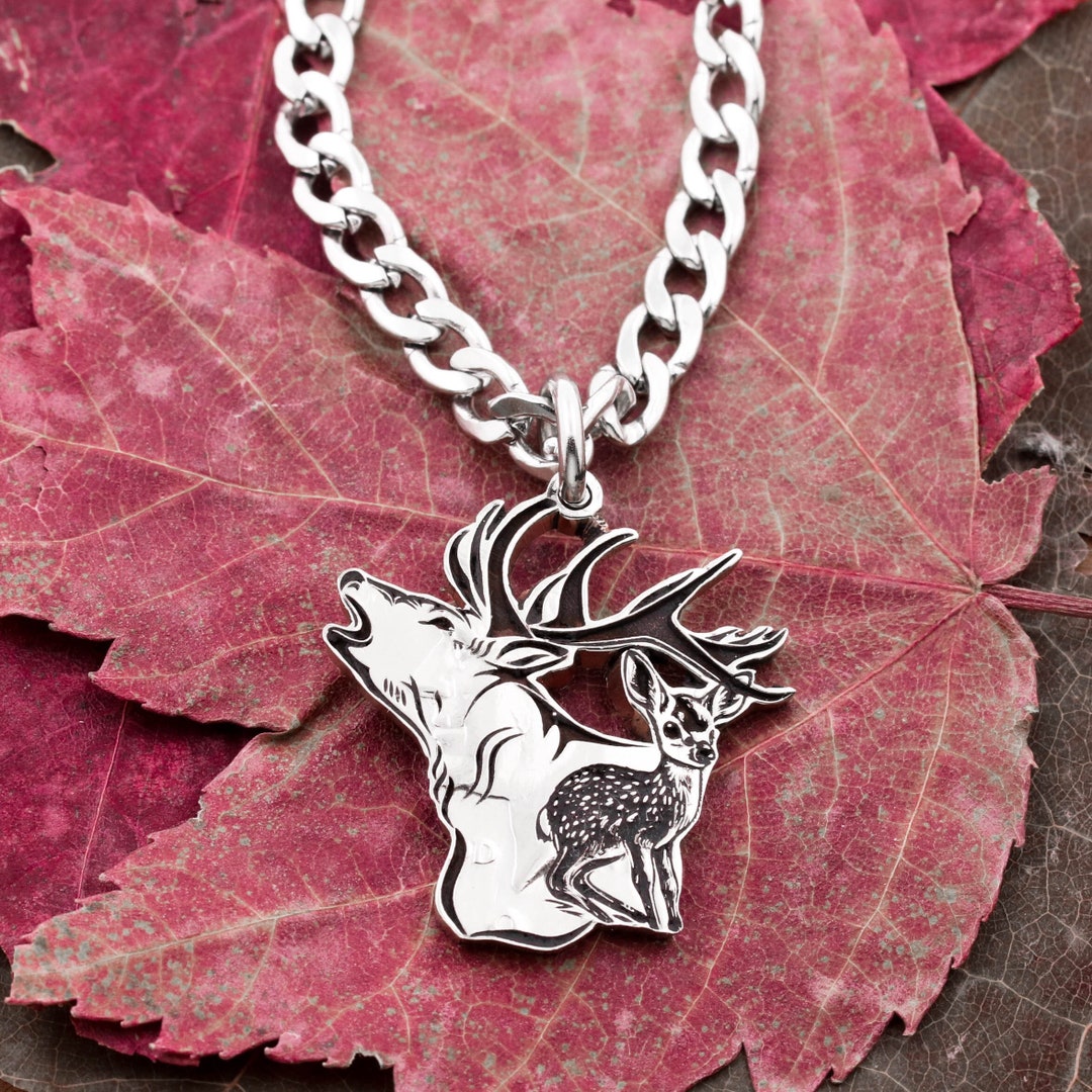 Hand Cut Coin Elk and Fawn Necklace: Engraved Hunting Jewelry - Etsy