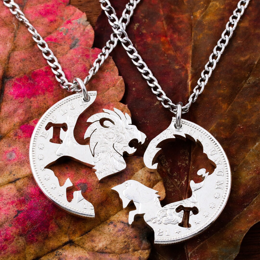 Hand Cut Coin Necklace Set: Lion and Fox, Custom Initial Jewelry - Etsy