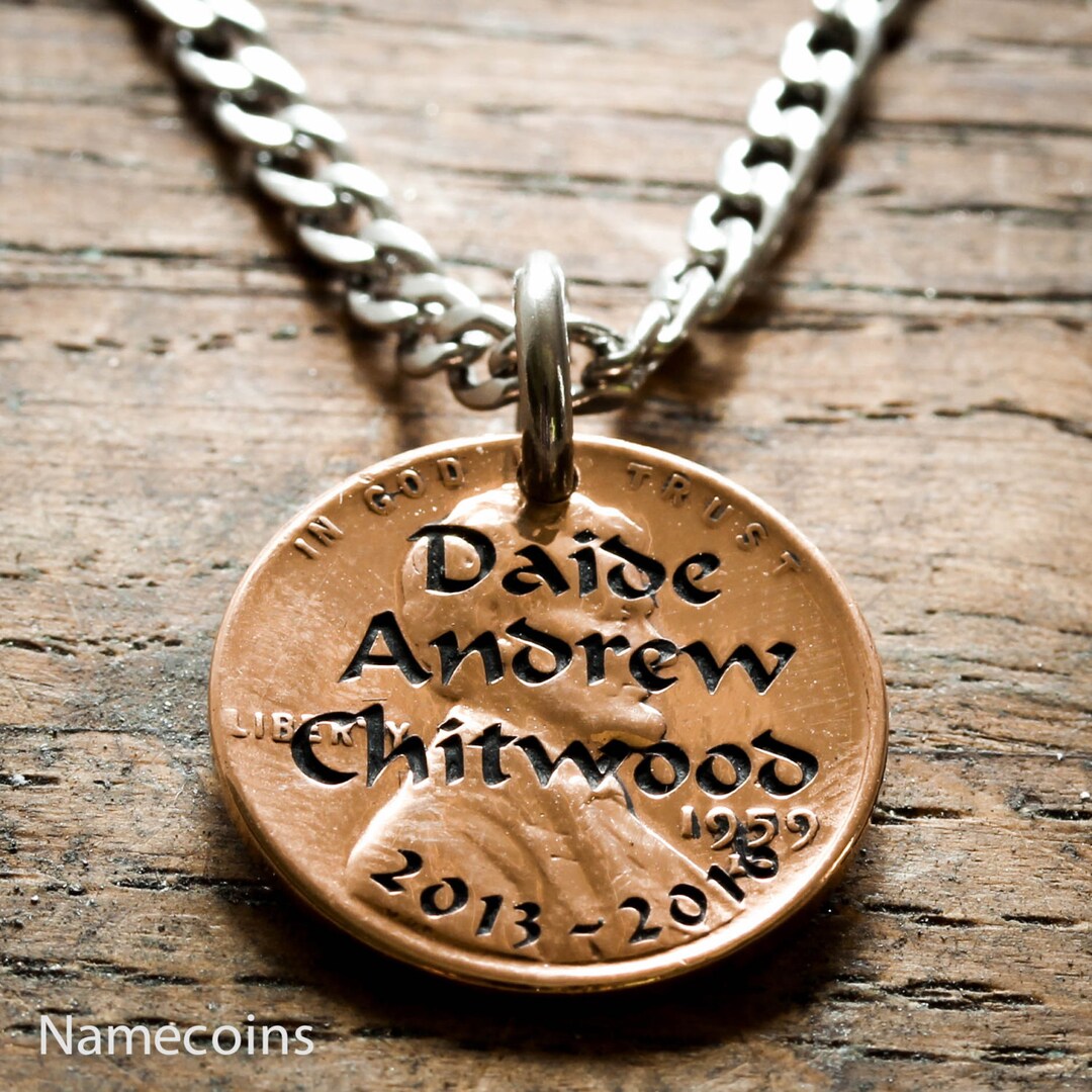Penny Necklace, Engraved Names and Date, Memorial Necklace, Funeral ...