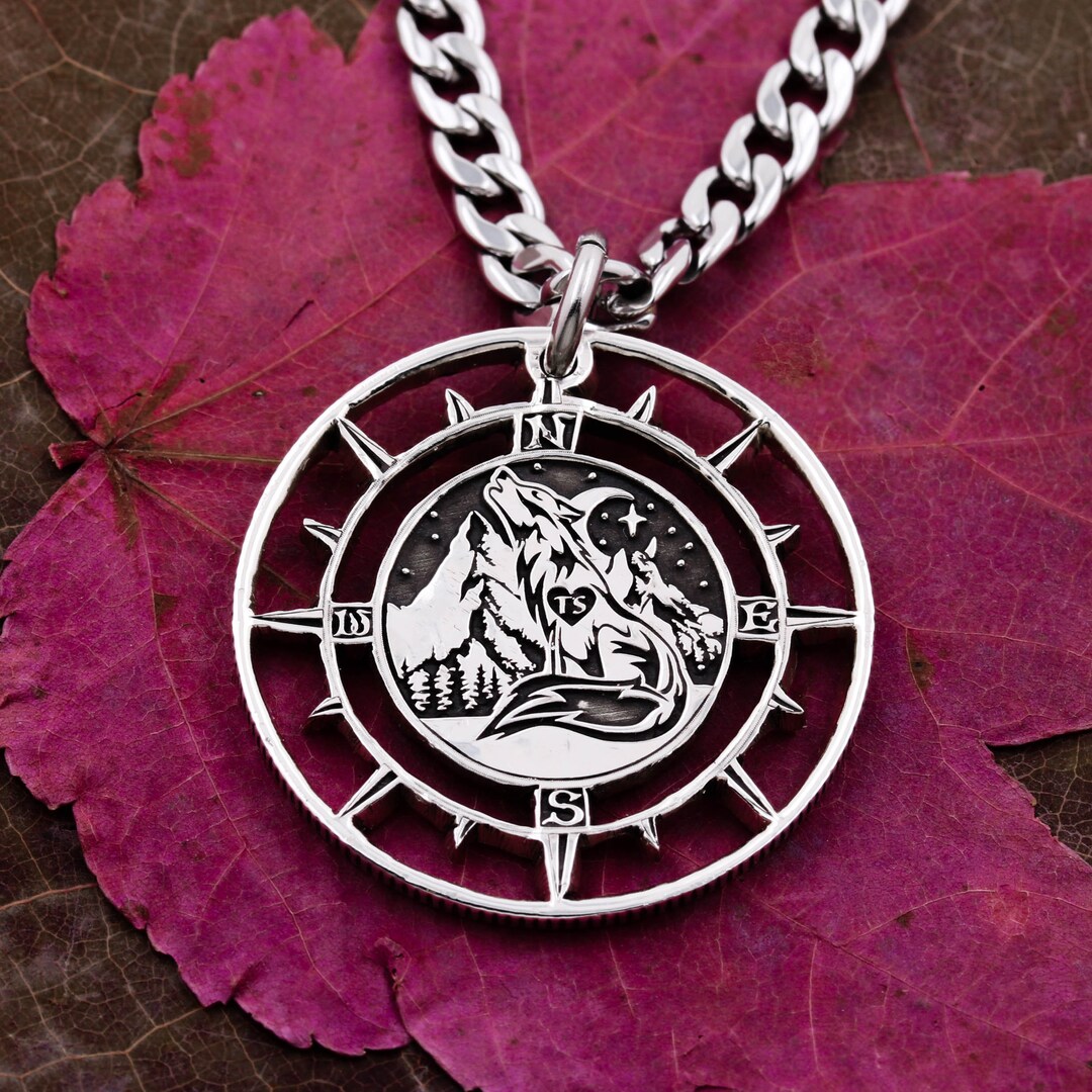 Engraved Howling Wolf in Compass Necklace, Tiny Heart With Initials ...