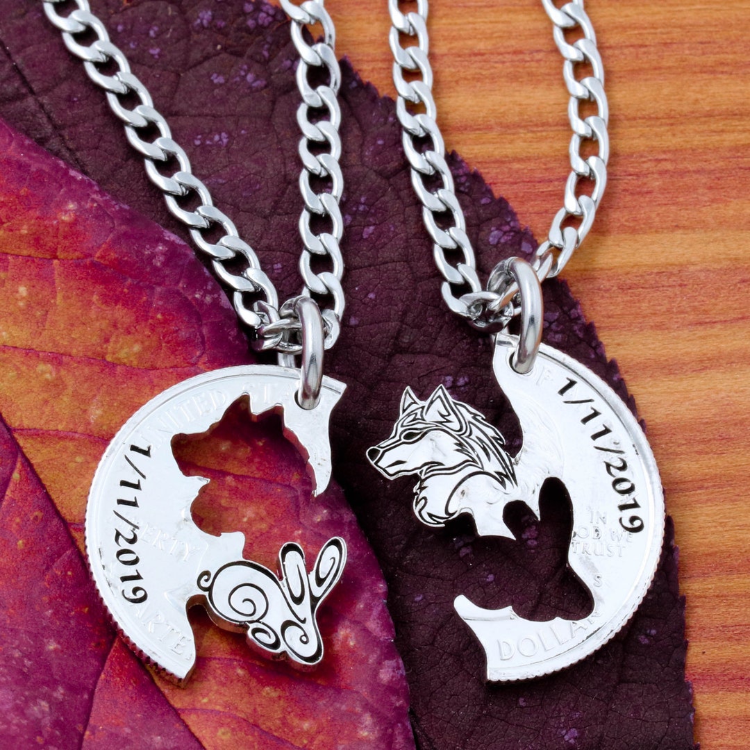 Hand Cut Coin Necklace Set: Rabbit and Wolf, Custom Anniversary Jewelry ...